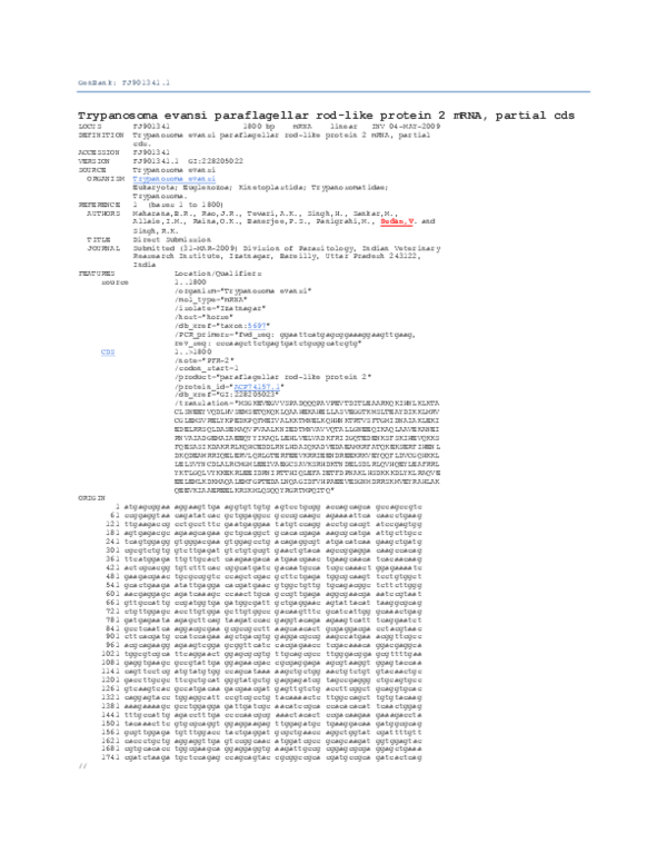 (PDF) Trypanosoma evansi paraflagellar rod-like protein 2 mRNA, partial ...