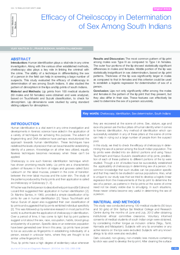 (PDF) Efficacy of Cheiloscopy in Determination of Sex Among South Indians