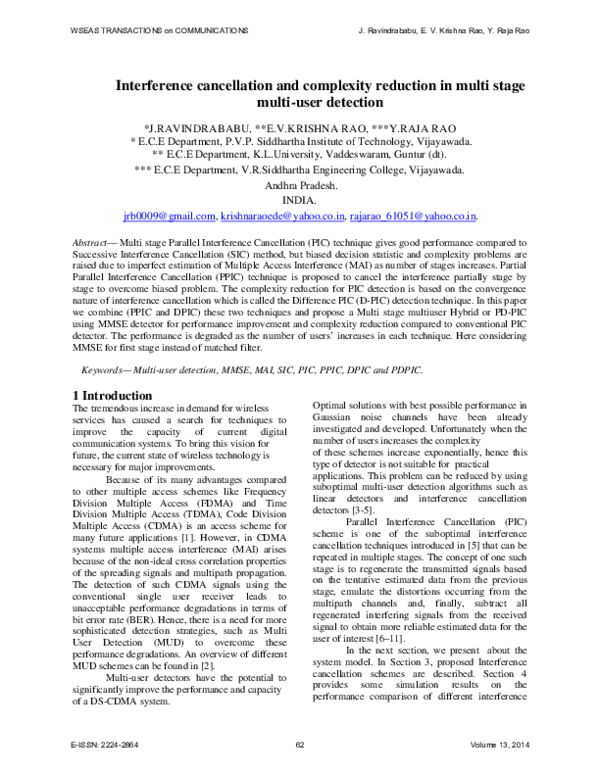 (PDF) Interference cancellation and complexity reduction in multi stage multi-user detection