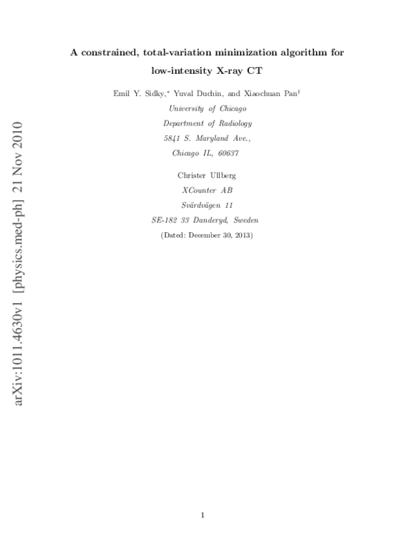 Pdf A Constrained Total Variation Minimization Algorithm For Low Intensity X Ray Ct Emil