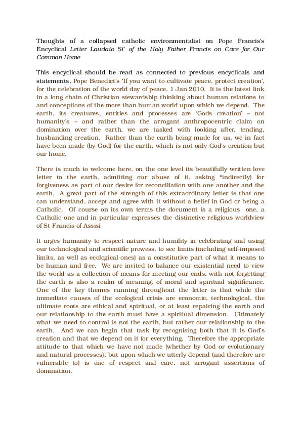 (DOC) Thoughts of a collapsed catholic environmentalist on Pope Francis ...