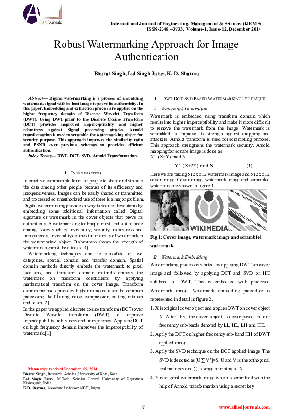 Pdf Robust Watermarking Approach For Image Authentication