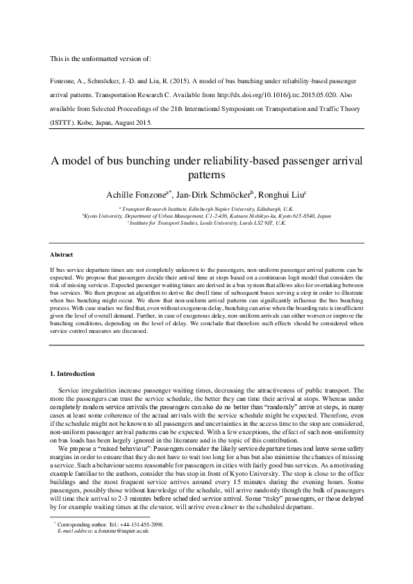(PDF) A model of bus bunching under reliability-based passenger arrival patterns