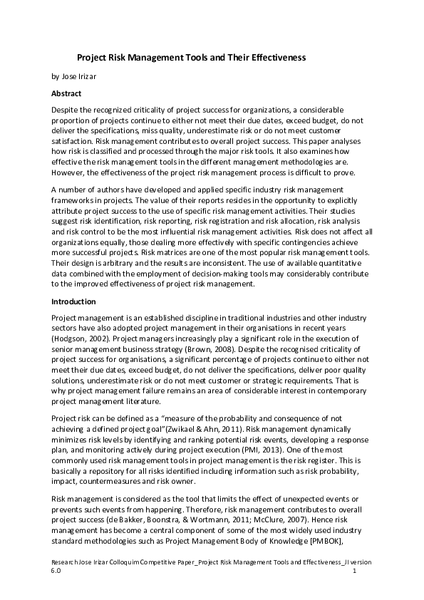 Project Risk Management Tools and Their Effectiveness