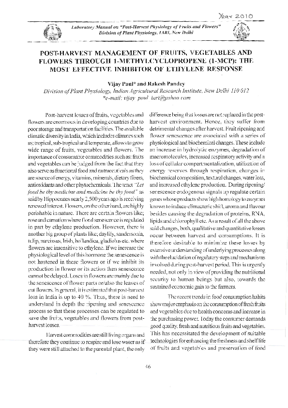 Post-harvest management of fruits vegetables and flowers through 1-methylcyclopropene (1-MCP ...