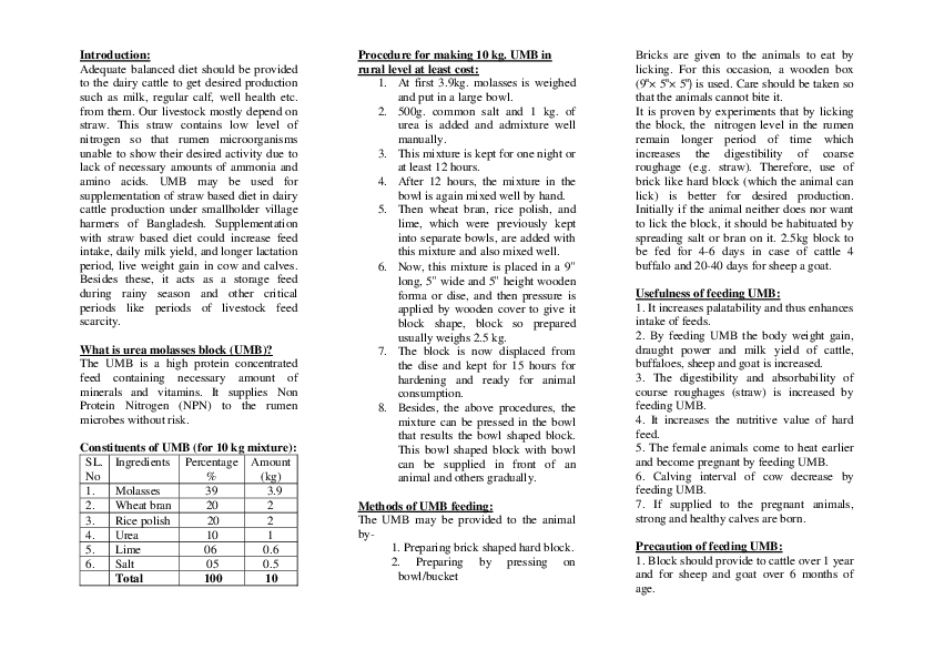 (PDF) Preparation of Urea Molasses Block (UMB) and it’s use in livestock