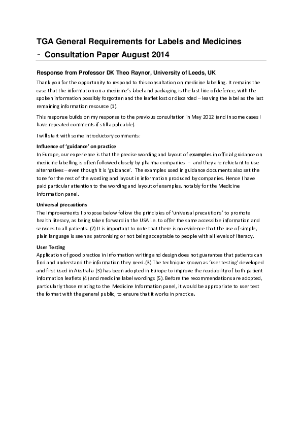 (PDF) Response to Australian TGA Consultation: General Requirements for ...