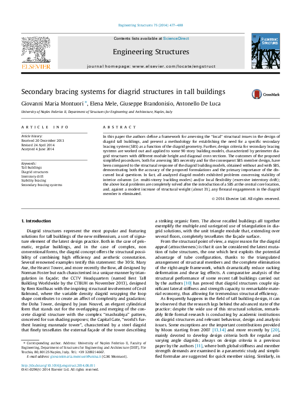 (PDF) Secondary Bracing Systems for diagrid structures in tall buildings
