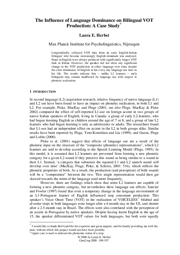 (PDF) The influence of language dominance on bilingual VOT: A case ...