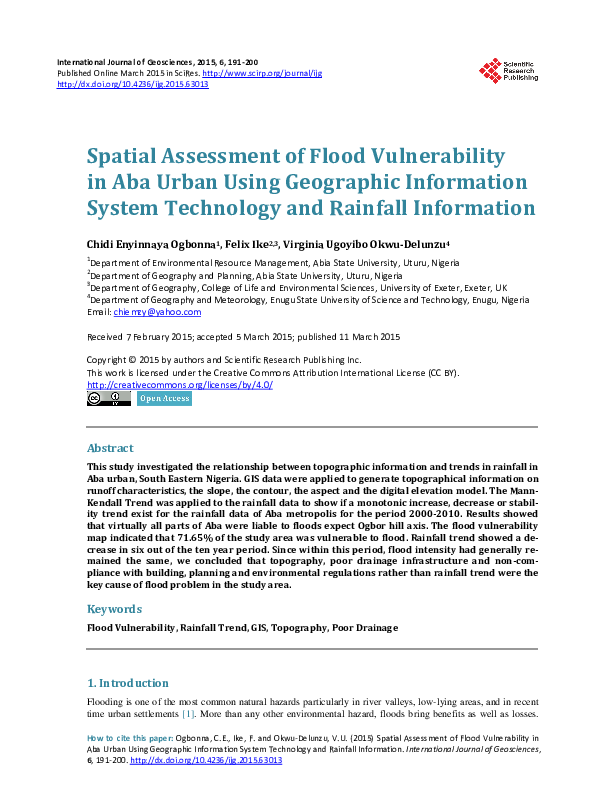(PDF) Spatial Assessment of Flood Vulnerability in Aba Urban Using Geographic Information System ...