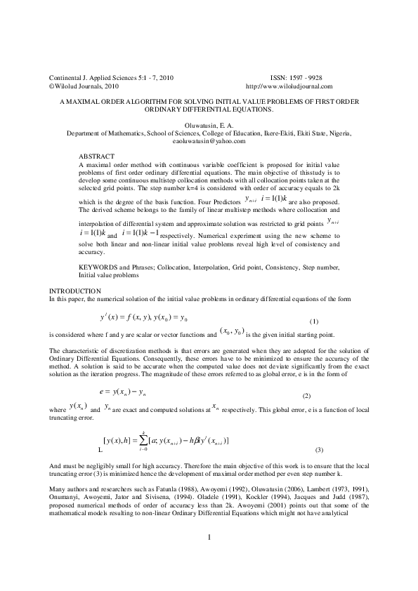 Pdf A Maximal Order Algorithm For Solving Initial Value Problems Of