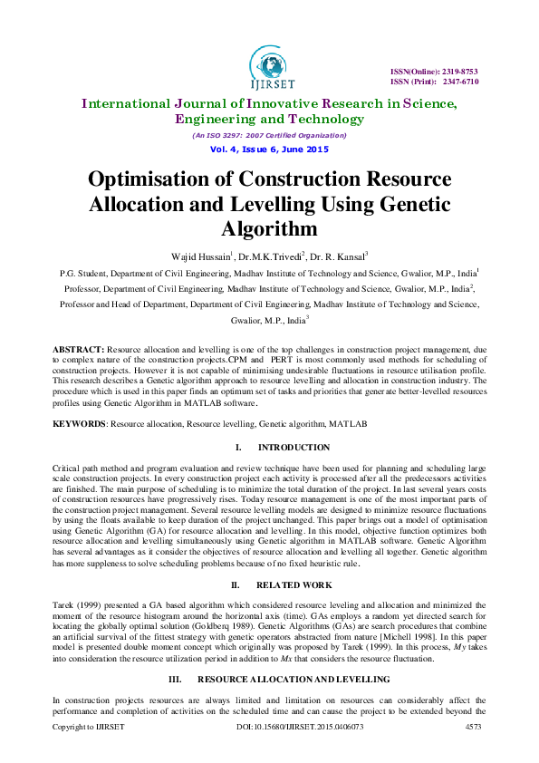 Pdf Optimisation Of Construction Resource Allocation And Levelling Using Genetic Algorithm