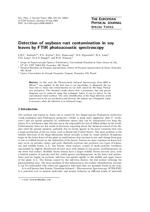 (PDF) Detection of soybean rust contamination in soy leaves by FTIR photoacoustic spectroscopy