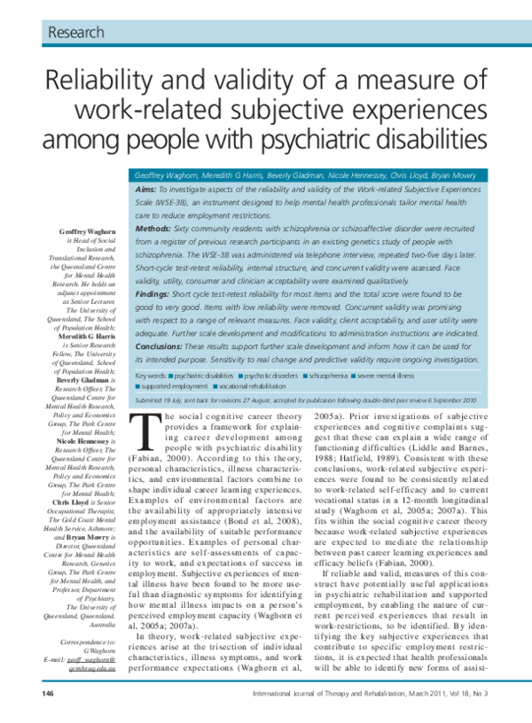 (PDF) Reliability and validity of a measure of role functioning among people with psychiatric ...