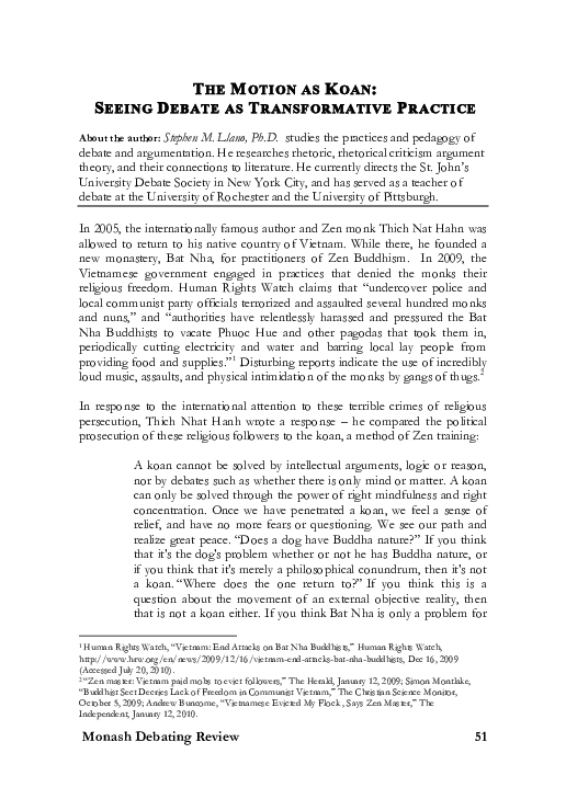 (PDF) The Debate Motion as Koan: Seeing Debate as Transformative Practice