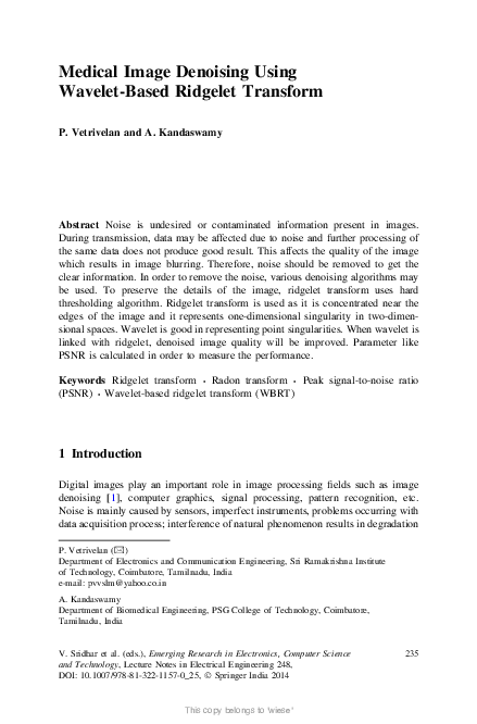 (PDF) Medical Image Denoising Using Wavelet-Based Ridgelet Transform