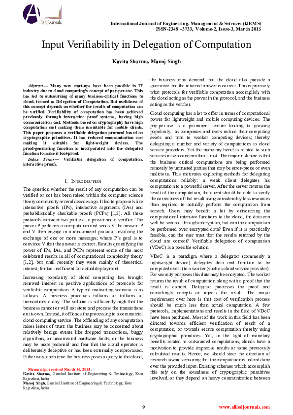 (PDF) Input Verifiability in Delegation of Computation