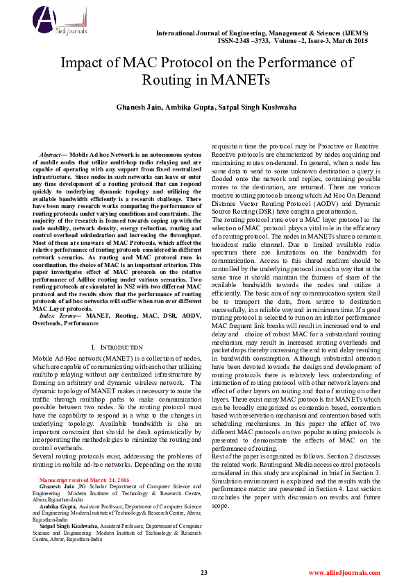 (PDF) Impact of MAC Protocol on the Performance of Routing in MANETs