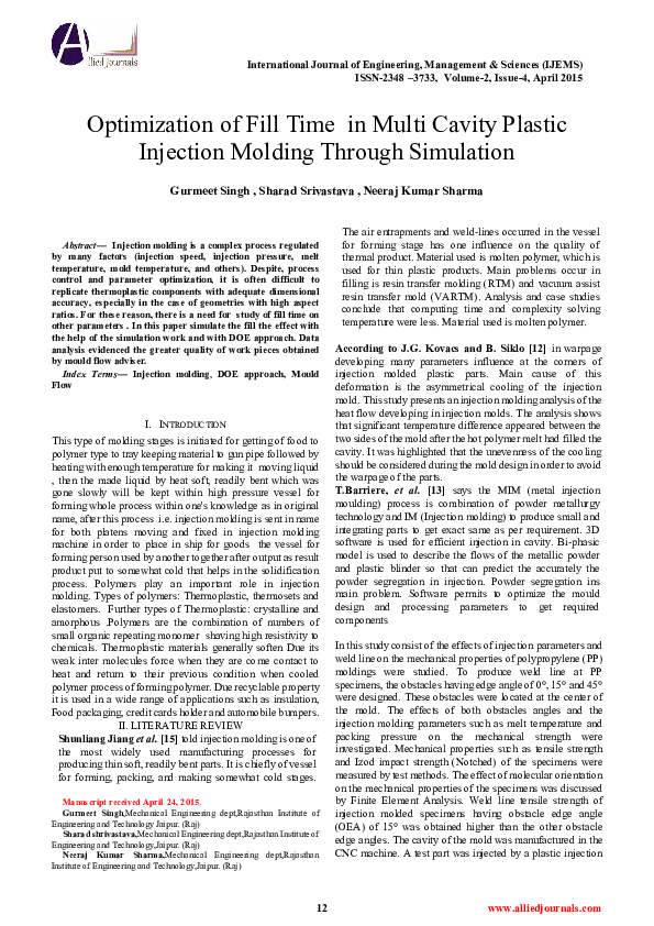 (PDF) Optimization of Fill Time in Multi Cavity Plastic Injection Molding Through Simulation