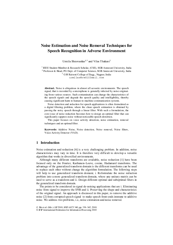 (PDF) Noise Estimation and Noise Removal Techniques for Speech Recognition in Adverse Environment