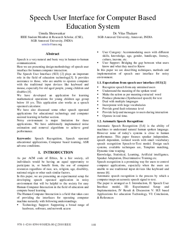 (PDF) Speech user interface for computer based education system