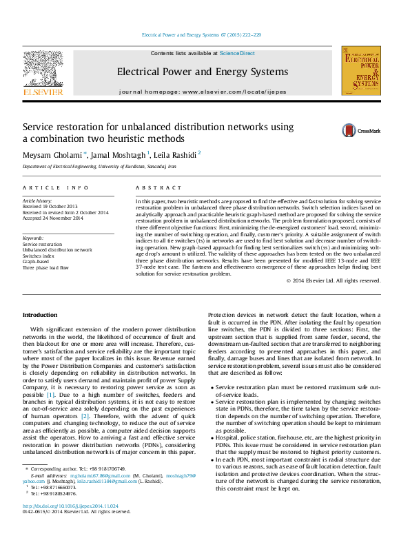 (PDF) Service restoration for unbalanced distribution networks using a combination two heuristic ...