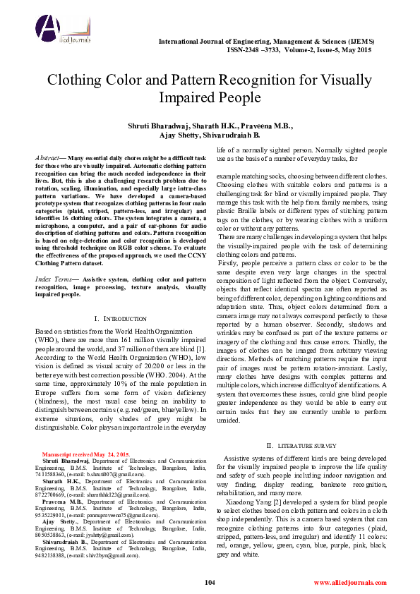 (PDF) Clothing Color and Pattern Recognition for Visually Impaired People