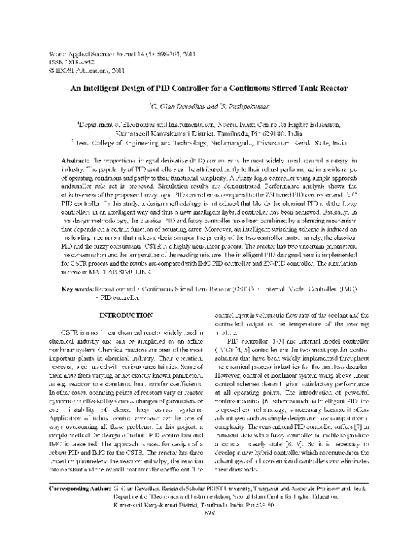Pdf An Intelligent Design Of Pid Controller For A Continuous Stirred Tank Reactor