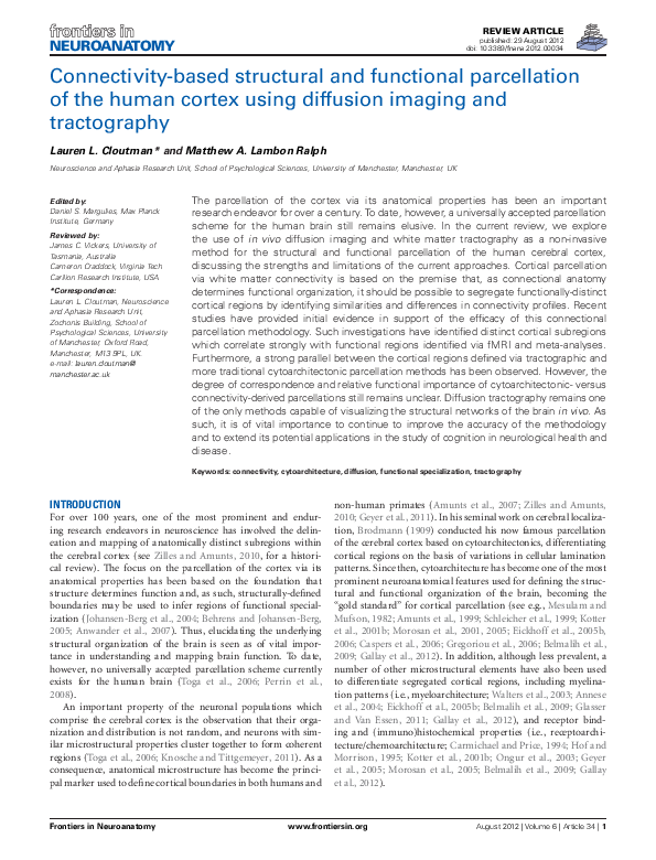 (PDF) Connectivity-based structural and functional parcellation of the human cortex using ...