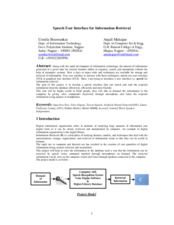 (PDF) Speech User Interface for Information Retrieval