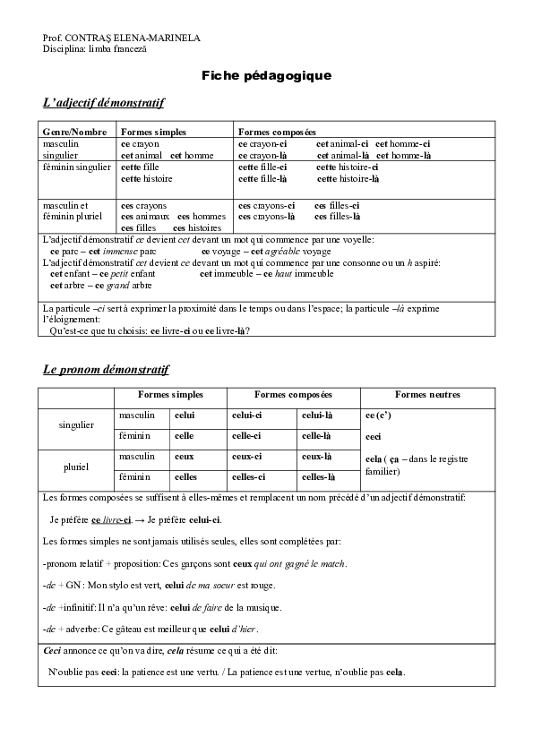 (DOC) Fiche pédagogique L' adjectif démonstratif