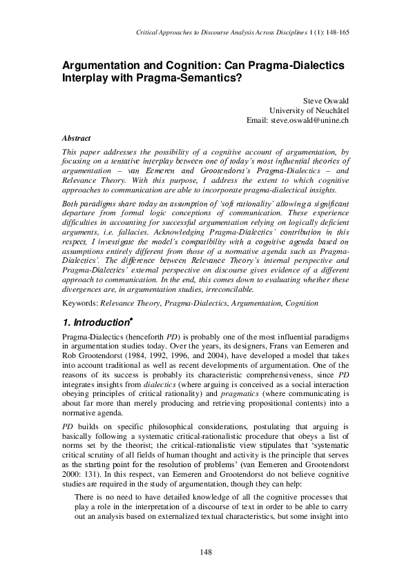 Pdf Argumentation And Cognition Can Pragma Dialectics Interplay With