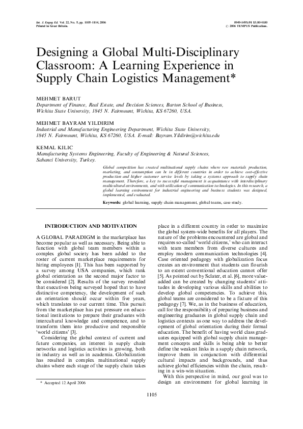 Designing a Global Multi-Disciplinary Classroom: A Learning Experience ...