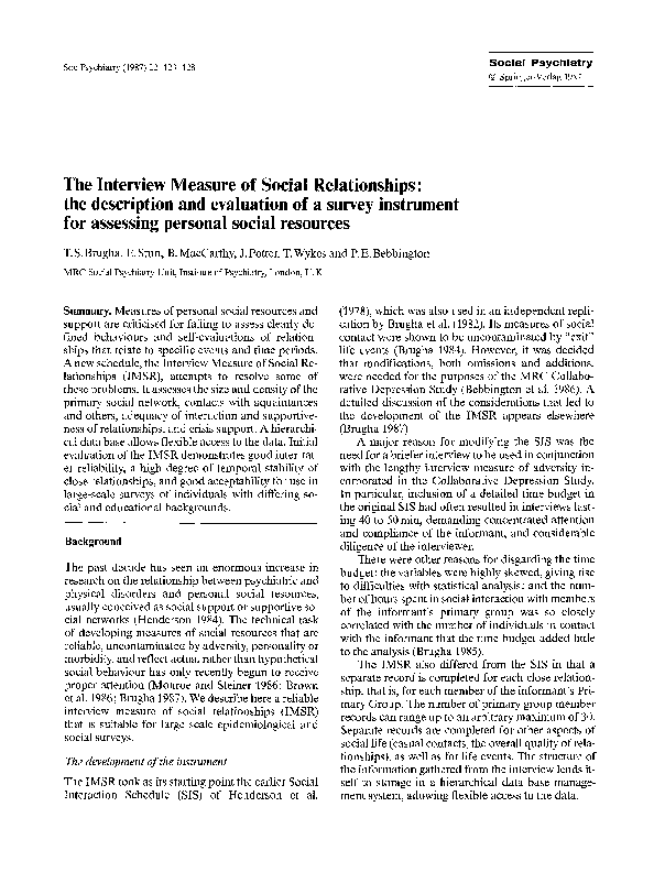 (PDF) The Interview Measure of Social Relationships: The description ...