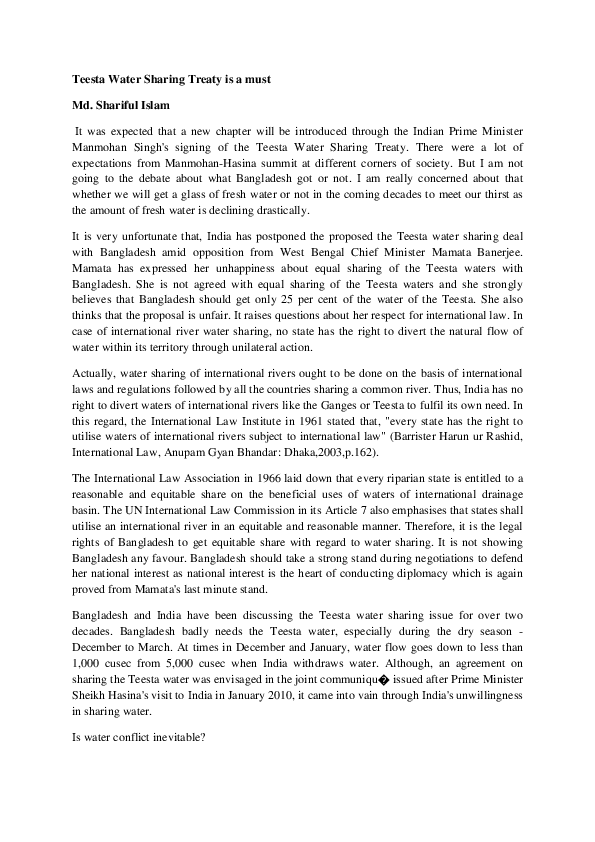 (PDF) Teesta water sharing Treaty is a must