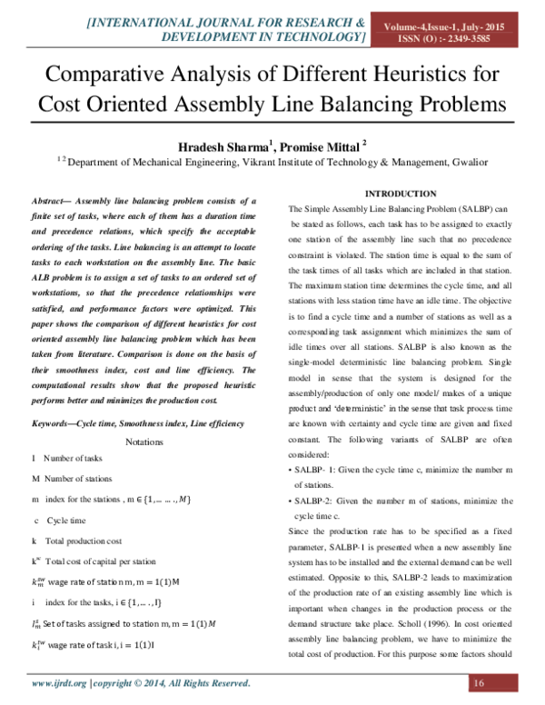 (PDF) Comparative Analysis of Different Heuristics for Cost Oriented Assembly Line Balancing ...