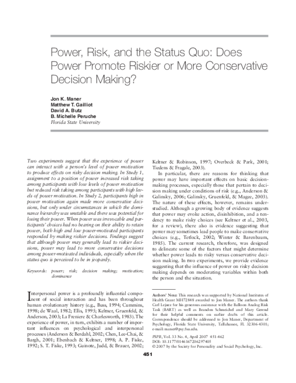 (PDF) Power, Risk, and the Status Quo: Does Power Promote Riskier or ...