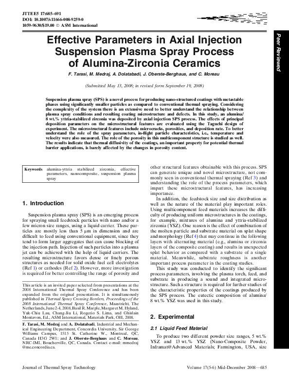 (PDF) Effective Parameters in Axial Injection Suspension Plasma Spray ... (PDF) Effective Parameters in Axial Injection Suspension Plasma Spray ...