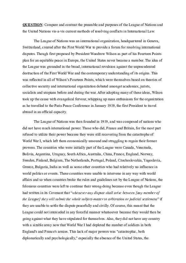 (DOC) The preamble and purposes of the League of Nations and the UN