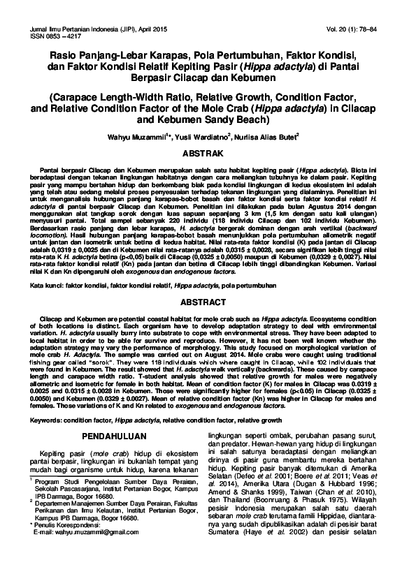 (PDF) Carapace Length-Width Ratio, Relative Growth, Condition Factor ...