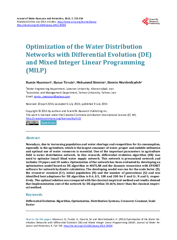 Pdf Optimization Of The Water Distribution Networks With Differential Evolution De And Mixed