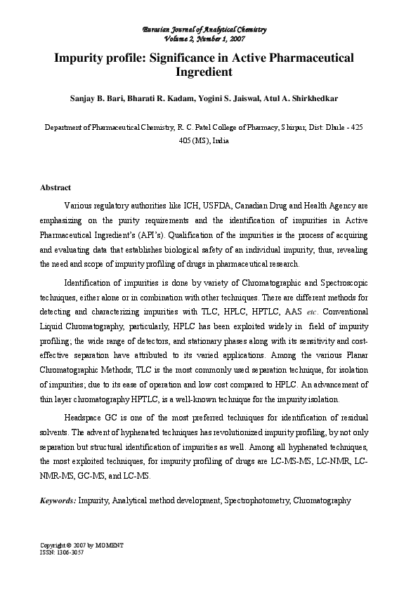 (PDF) Impurity profile: Significance in Active Pharmaceutical Ingredient