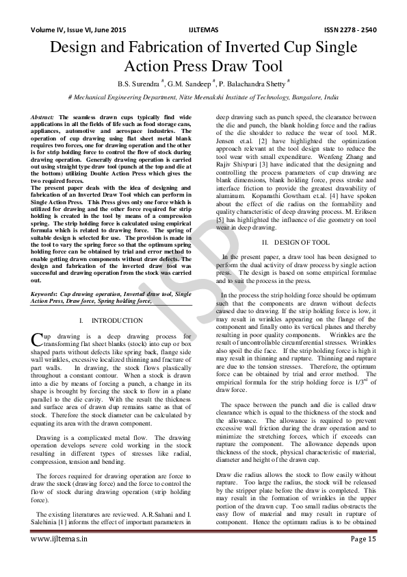 (PDF) Design and Fabrication of Inverted Cup Single Action Press Draw Tool