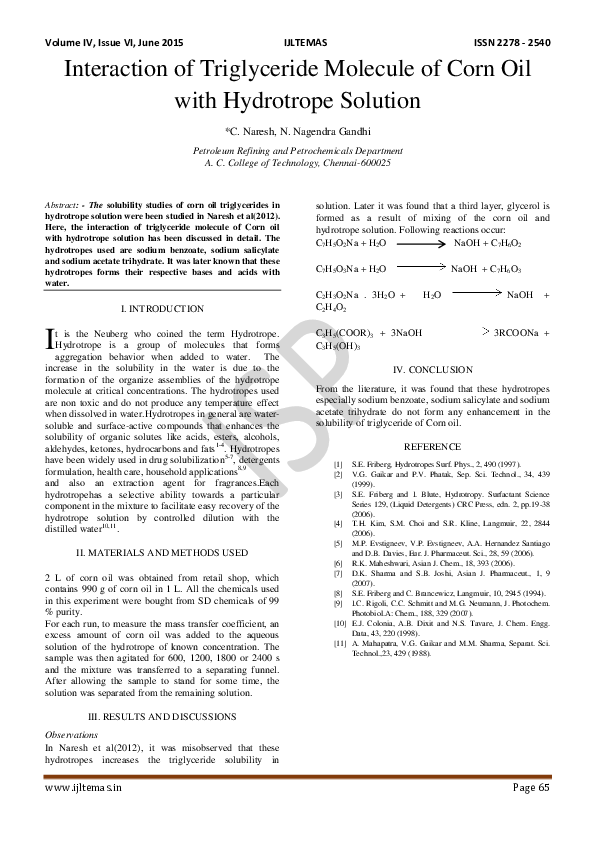 (PDF) Interaction of Triglyceride Molecule of Corn Oil with Hydrotrope ...