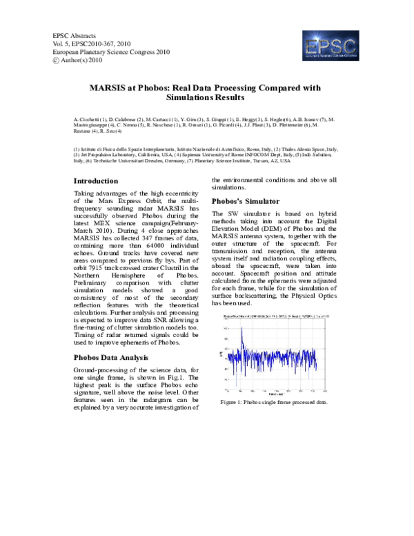(PDF) MARSIS at Phobos: Real Data Processing Compared with Simulations ...