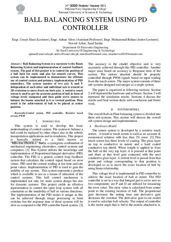 (PDF) Ball on Plate Balancing System