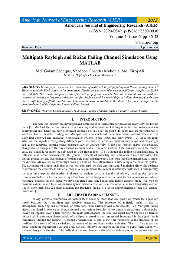 (PDF) Multipath Rayleigh and Rician Fading Channel Simulation Using MATLAB