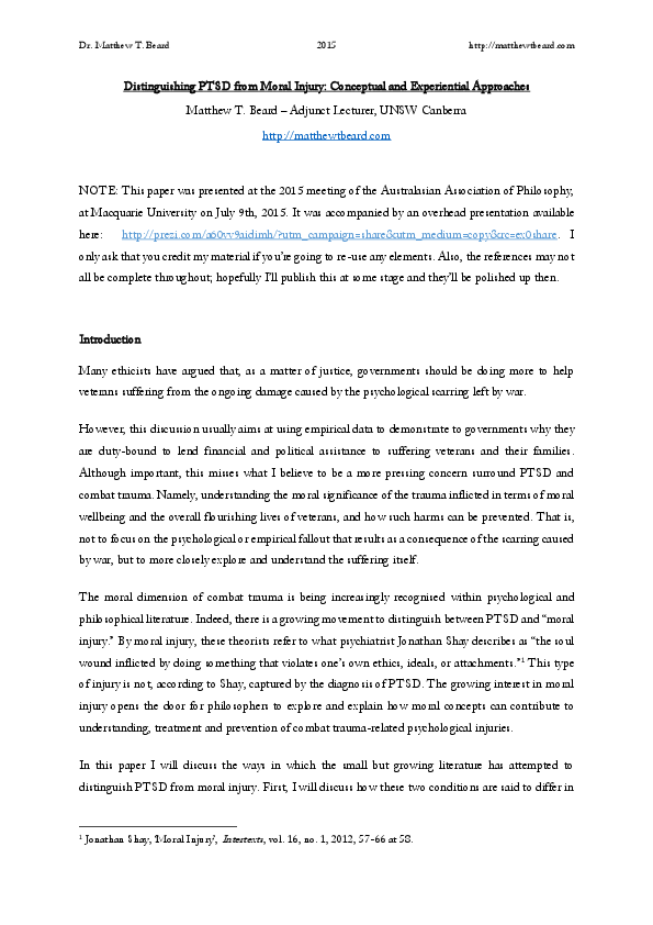 (PDF) Distinguishing PTSD from Moral Injury | Matthew T Beard ...