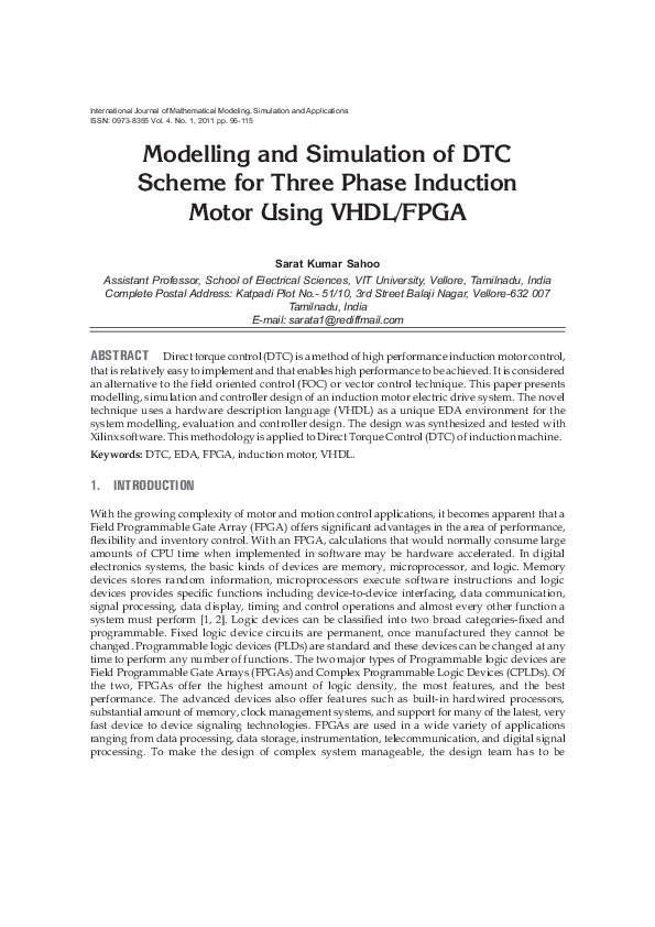 Pdf Modelling And Simulation Of Dtc Scheme For Three Phase Induction Motor Using Vhdlfpga