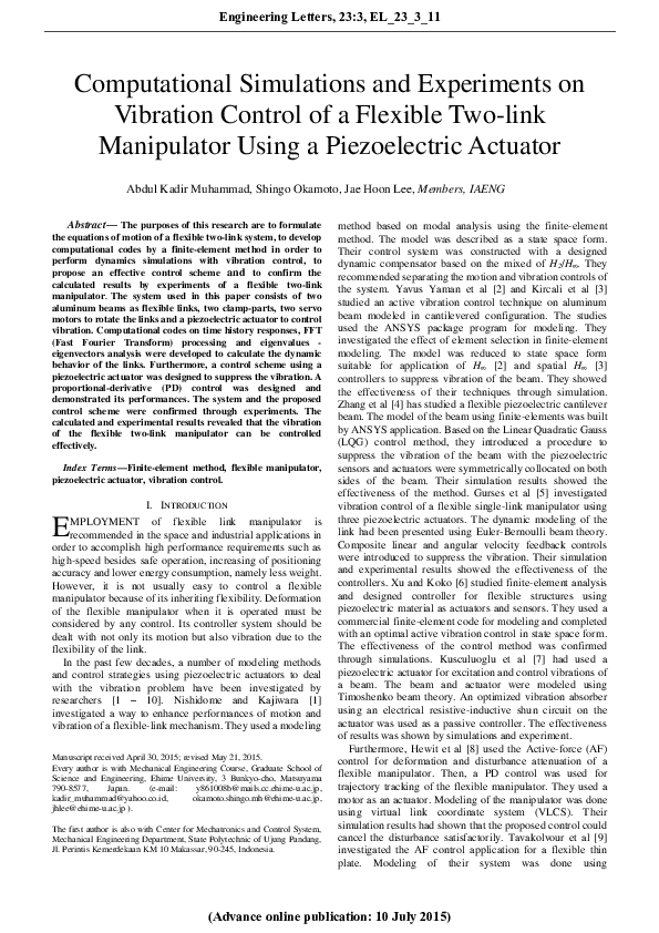 Pdf Computational Simulations And Experiments On Vibration Control Of A Flexible Two Link
